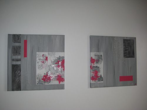 Tableau diptyque abstrait gris et framboise - 40 x 80 cm - b.deco ...