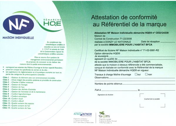 Certificat NF Haute Qualité Environnementale - Maison BBC Batiment ...